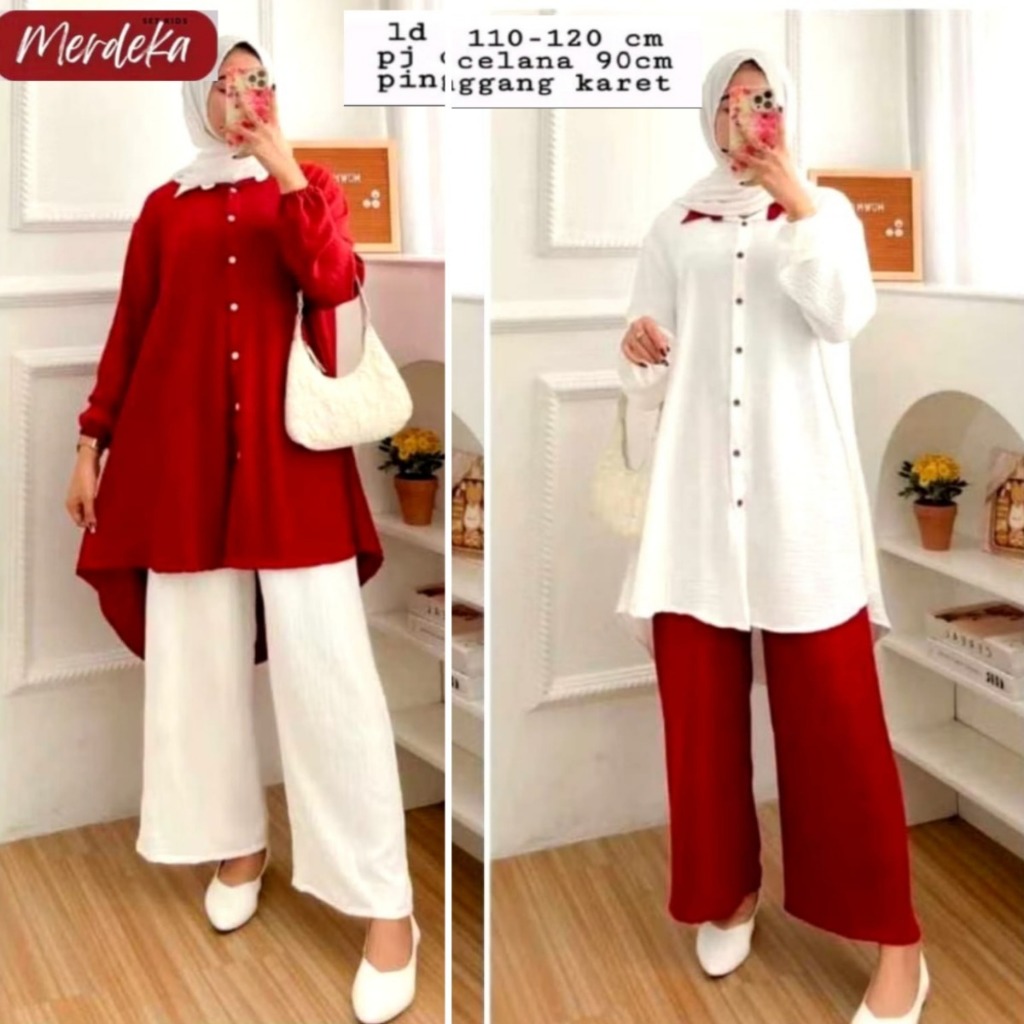 Jual DYRGA SET TUNIK MERAH PUTIH SET WANITA | SETELAN RAYON MIX KRINKLE ...