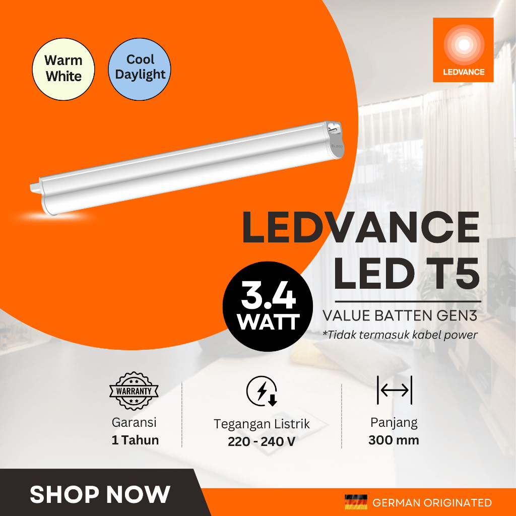 Jual LEDVANCE LED T5 Value Batten GEN3 3.4W Lampu Tube 300mm Warm White ...