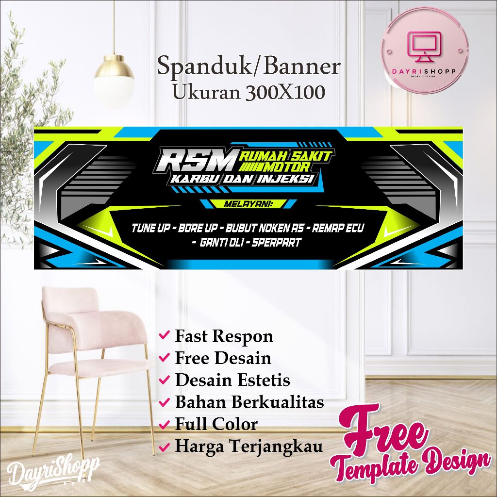 Jual Spanduk Banner Size 300X100 Cm Bengkel Rsm HItam HIjau Free Custom ...