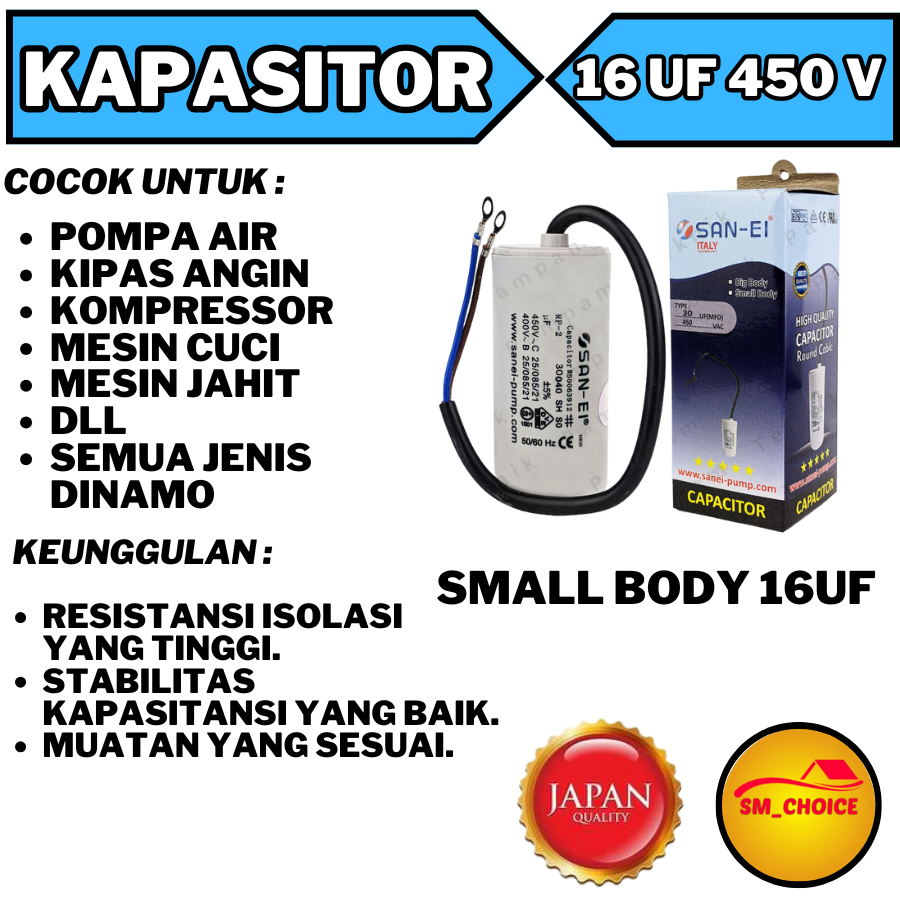 Jual SAN EI KAPASITOR 16 UF 450V SANEI BULAT KECIL CAPACITOR SAN-EI 16 UF SMALL BODY MIKRO 450 ...