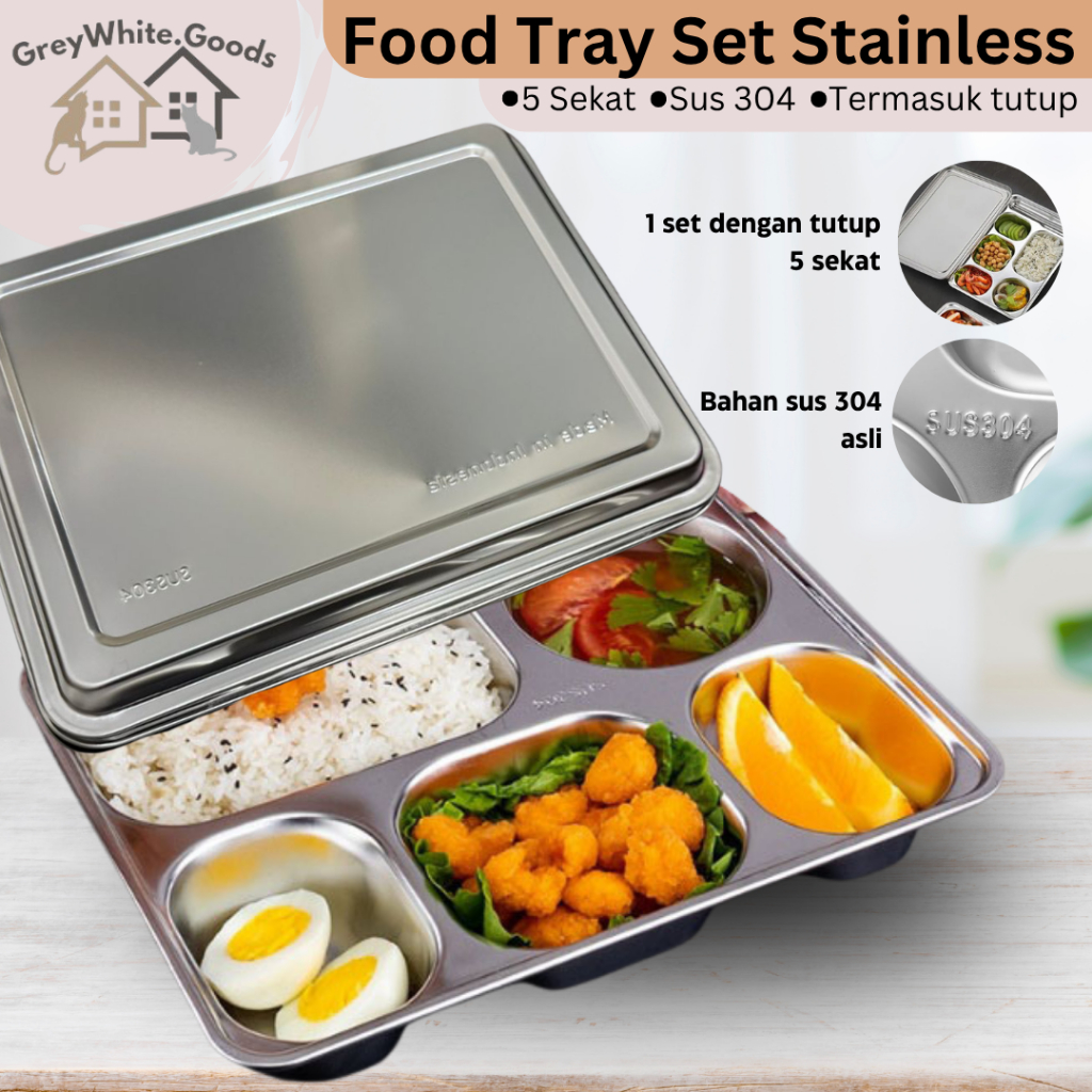 Jual Food Tray 5 Sekat + Tutup Stainless 304 Nampan Makanan Ompreng 5 ...