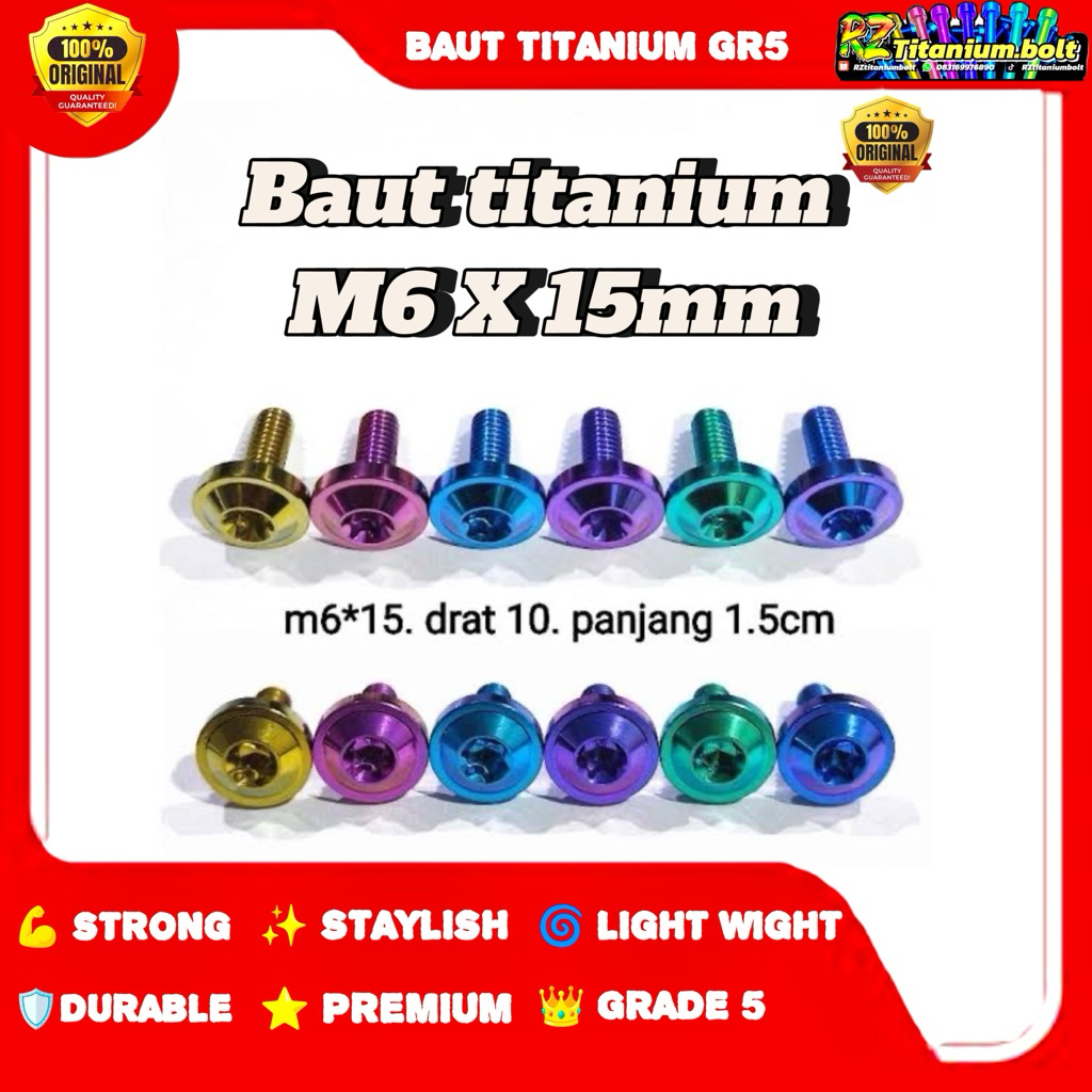 Jual BAUT TITANIUM M6 x 15mm Drat 10 Panjang 1.5cm Head Big Original ...