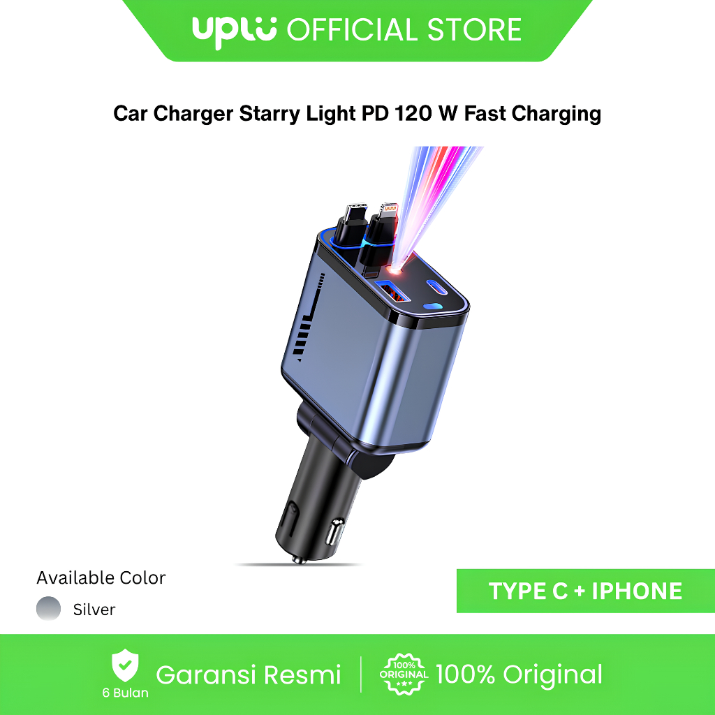 Jual UPLU Car Charger 4 in 1 Starry Light Retractable PD 120w Fast ...