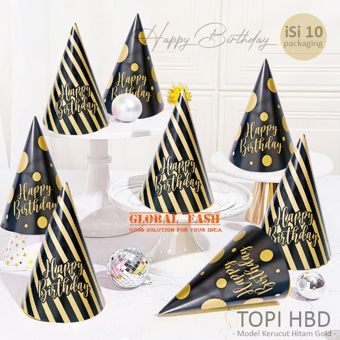 Jual Topi Ultah HBD Kerucut Hitam Gold / Topi Ulang Tahun Kerucut HBD ...