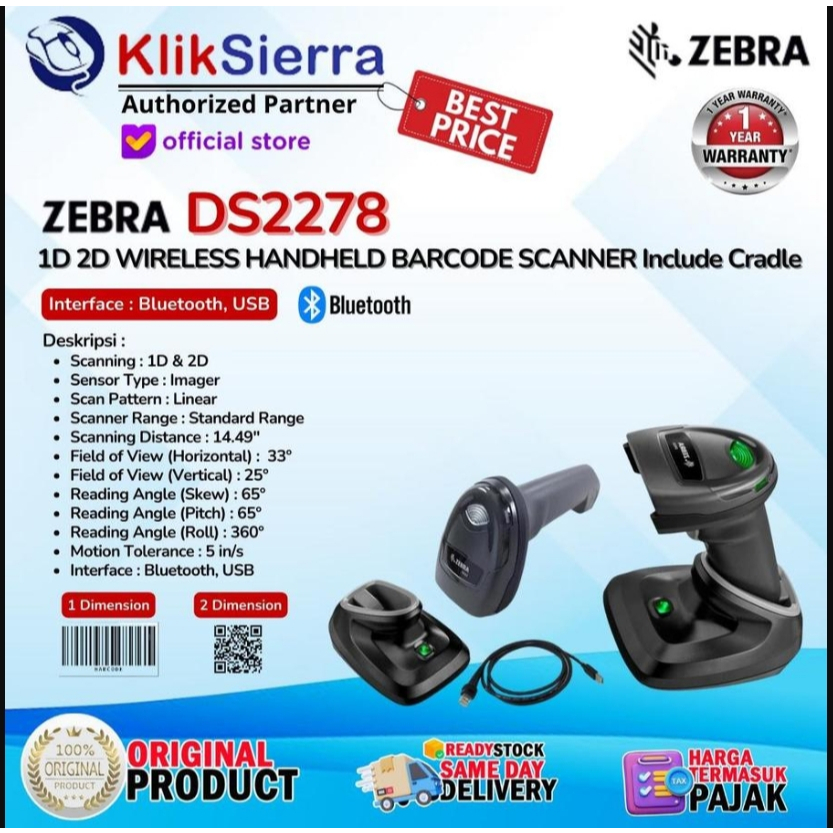 Jual Scanner Barcode ZEBRA DS2278 DS2208 1D 2D Wireless Bluetooth ...
