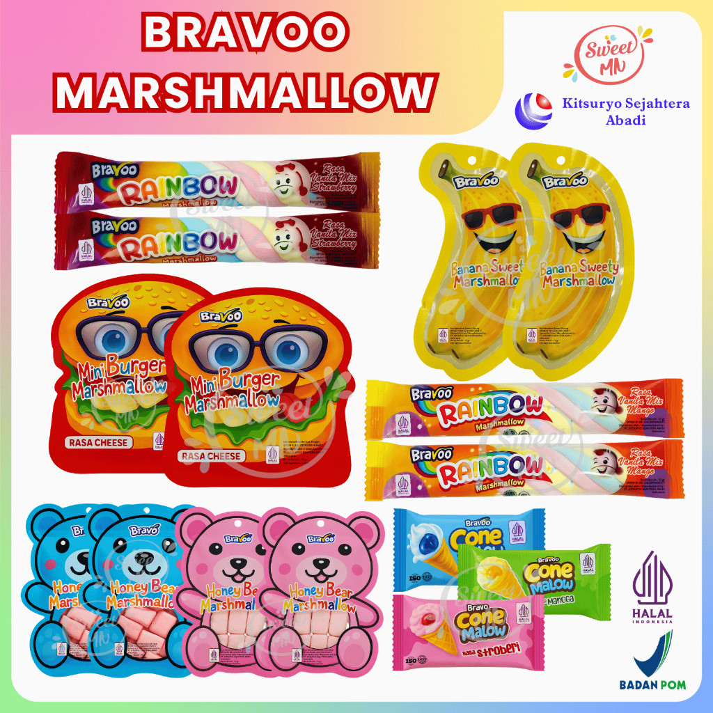 Jual Permen Bravoo Marshmallow Banana | Bear | Burger | Rainbow Vanilla ...