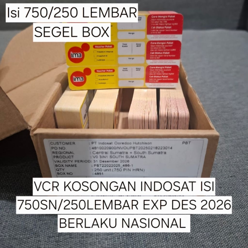 Jual Vcr Kosongan m3/indosat isi 750SN/250Lembar Exp des 2026 (Berlaku ...