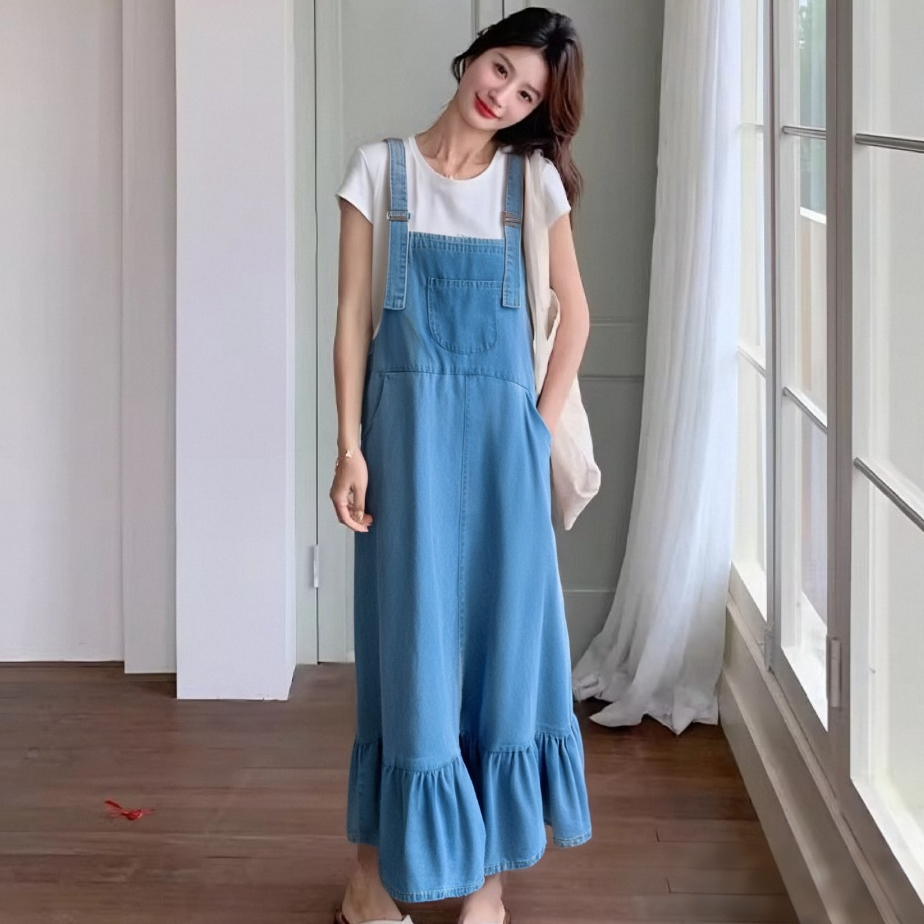 Jual Rok Jeans Overall Wanita Panjang Jumbo Biru Korean Style Kekinian ...