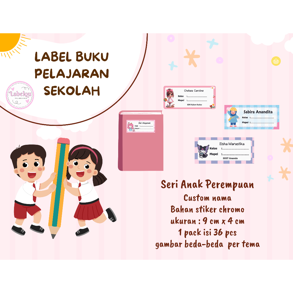 Jual 36 pcs Stiker label buku Mapel sekolah custom nama motif cewek ...