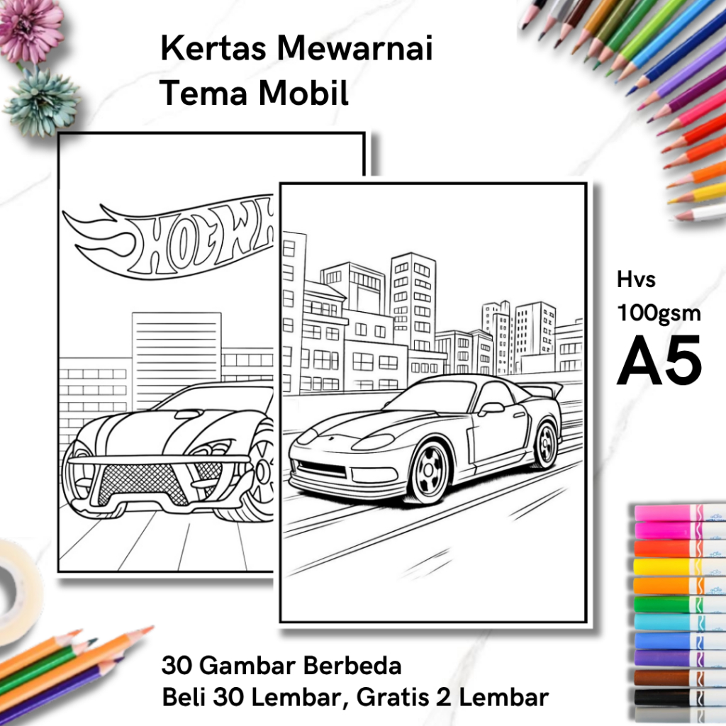 Jual 30 Lembar Kertas Gambar Mewarnai Tema Mobil A5 - Aktivitas ...