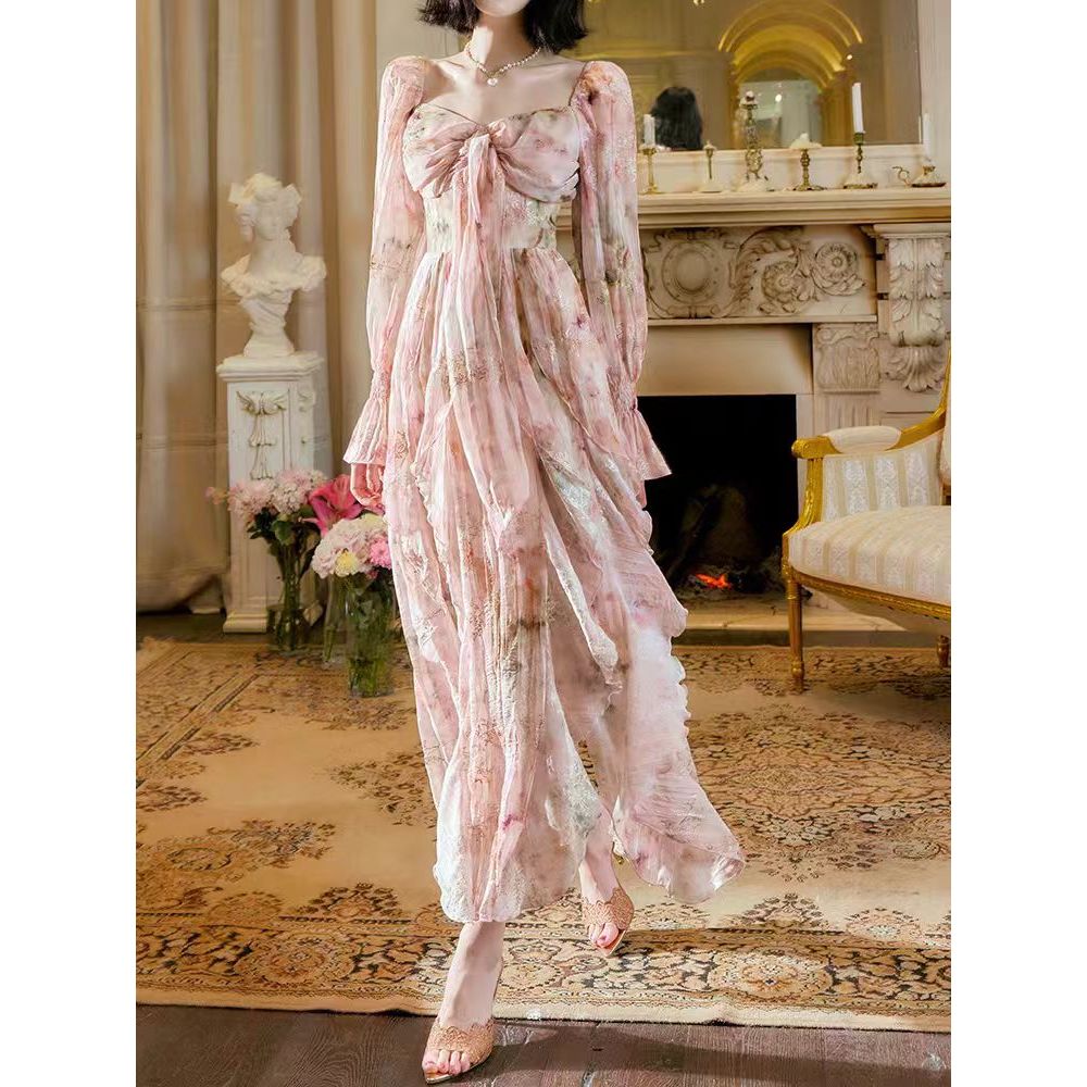 Jual Gaun bunga merah muda baru Prancis Dress Leher Persegi Lengan ...