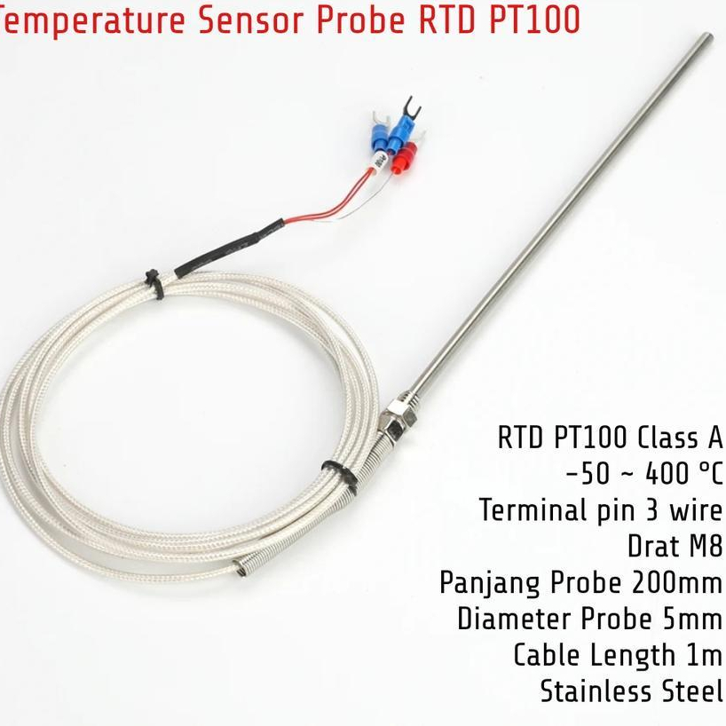 Jual Temperature Sensor Suhu Thermocouple PT100 Probe 200mm 3 Kabel 1M ...