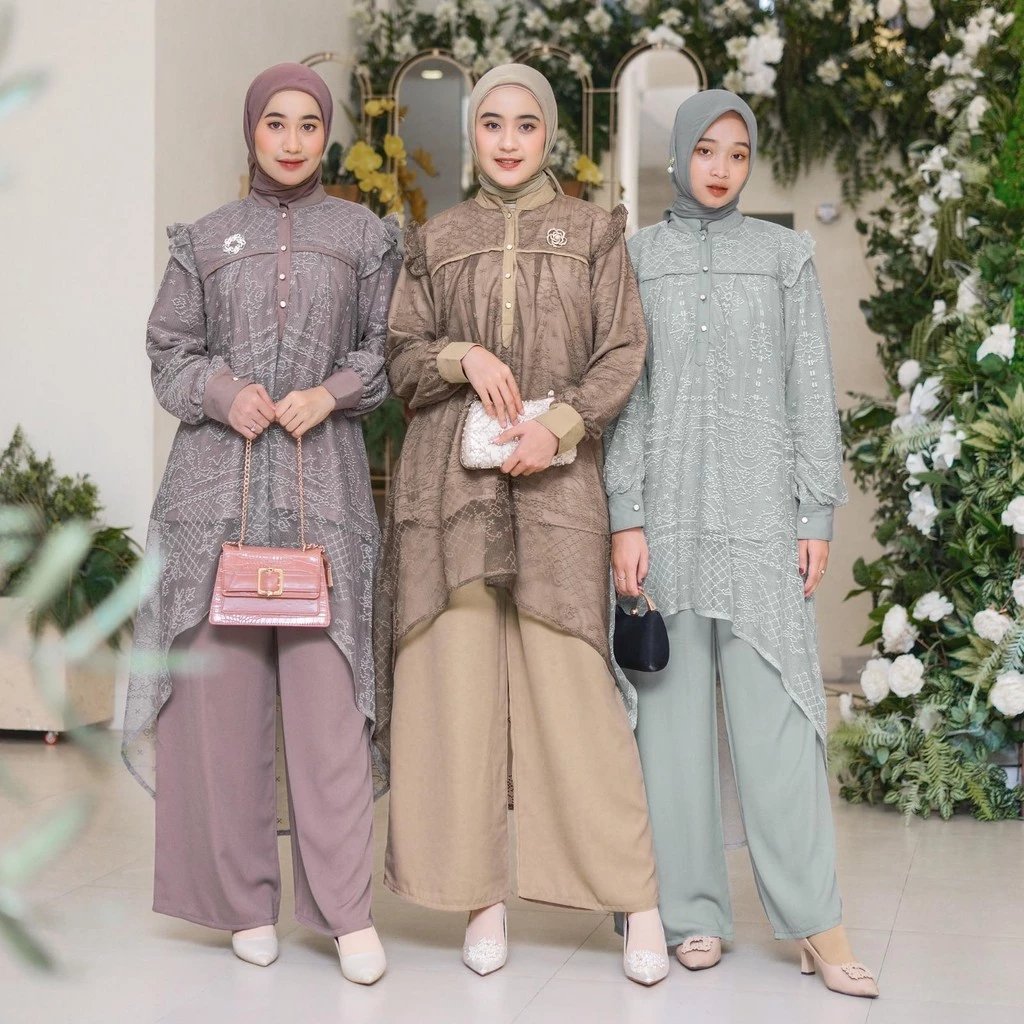 Jual NEW KAIA SET CELANA + ATASAN SILK MIX BRUKAT CHANTILY SETELAN LONG ...