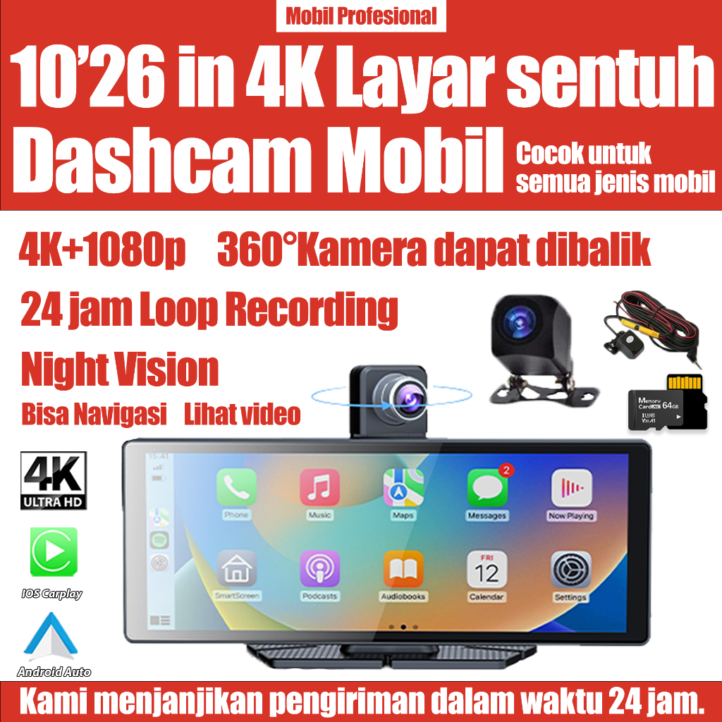 Jual 10.26 inci Dashcam Mobil 4K HD Layar Sentuh Lensa Ganda Perekaman ...