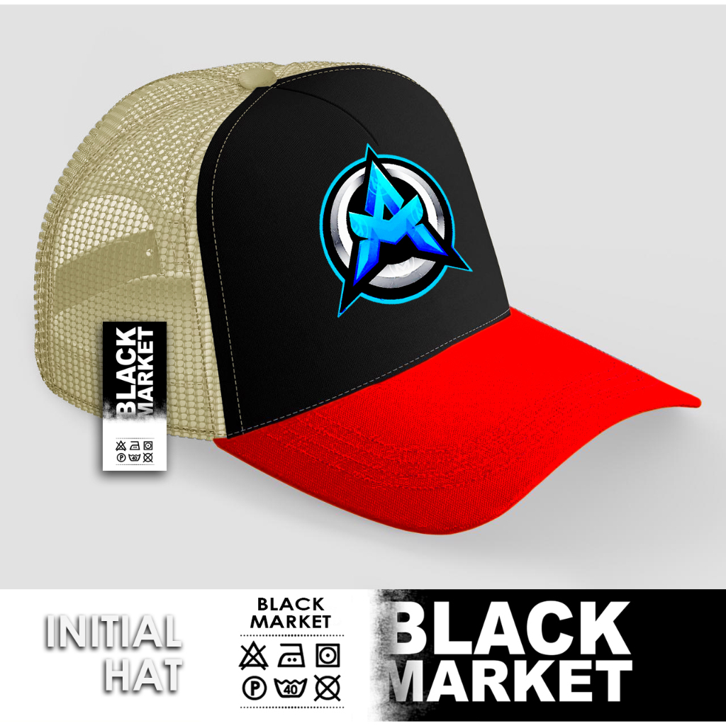 Jual Topi Trucker Jaring Kombinasi Merah Hitam Cream dengan Inisial ...