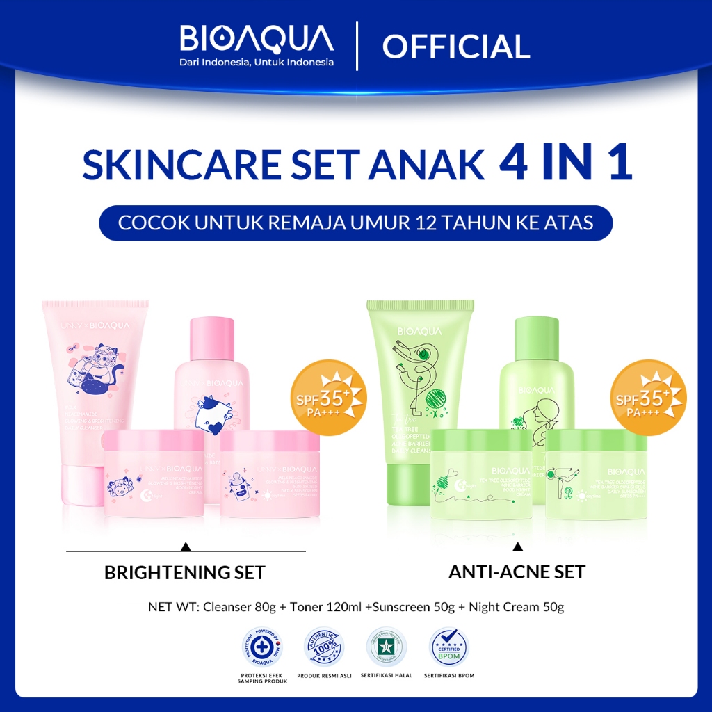 Jual BIOAQUA Skincare Anak Paket 4pcs Niacinamide Glowing & Brightening ...