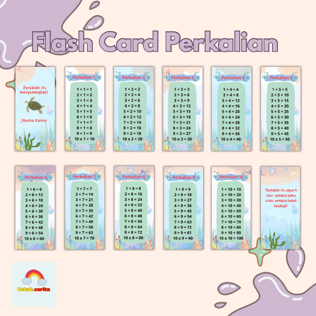 Jual Flash Card Perkalian 1-10 anak anak Flash Card Estetik lucu unik ...
