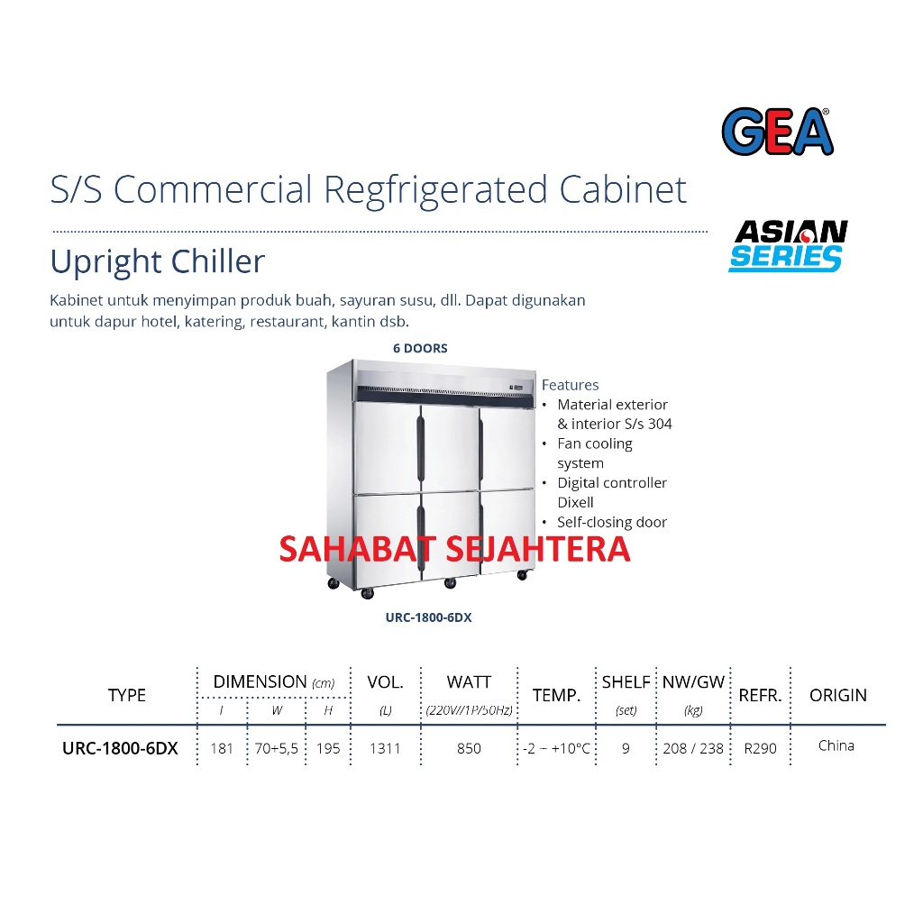 Jual GEA Stainless Steel Upright Chiller URC-1800-6DX Chiller Stainless ...