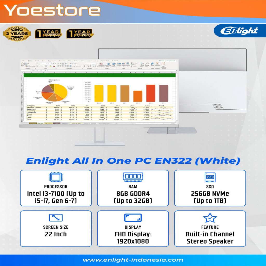 Jual ALL IN ONE PC ENLIGHT EN322 Intel I3 GEN 7 22" | 256GB | 8GB ...