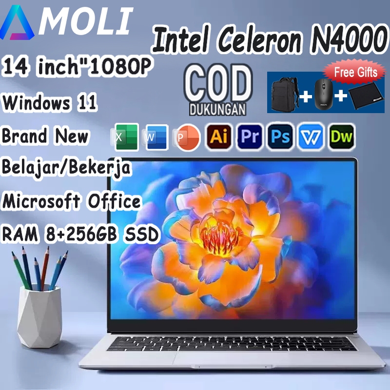 Jual AMOLI「2025 Terbaru」Laptop Intel Celeron N4000 RAM 8GB + 256GB SSD ...