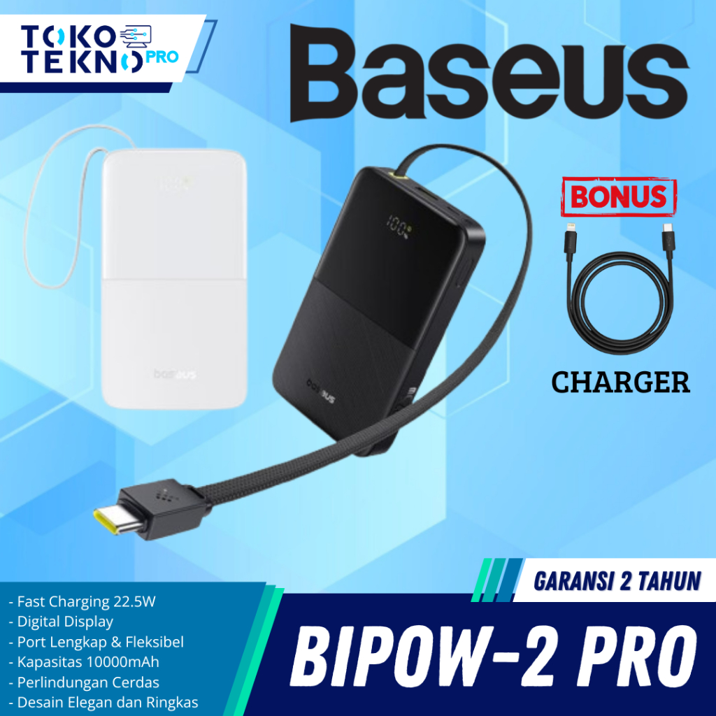 Jual BASEUS Bipow 2 / Bipow-2 Pro Digital Display Powerbank With Built-in USB-C Cable 10000mah ...