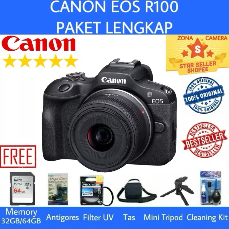 Jual [NEW] CANON EOS R100 KIT 18-45MM IS STM ORIGINAL - PAKET LENGKAP ...