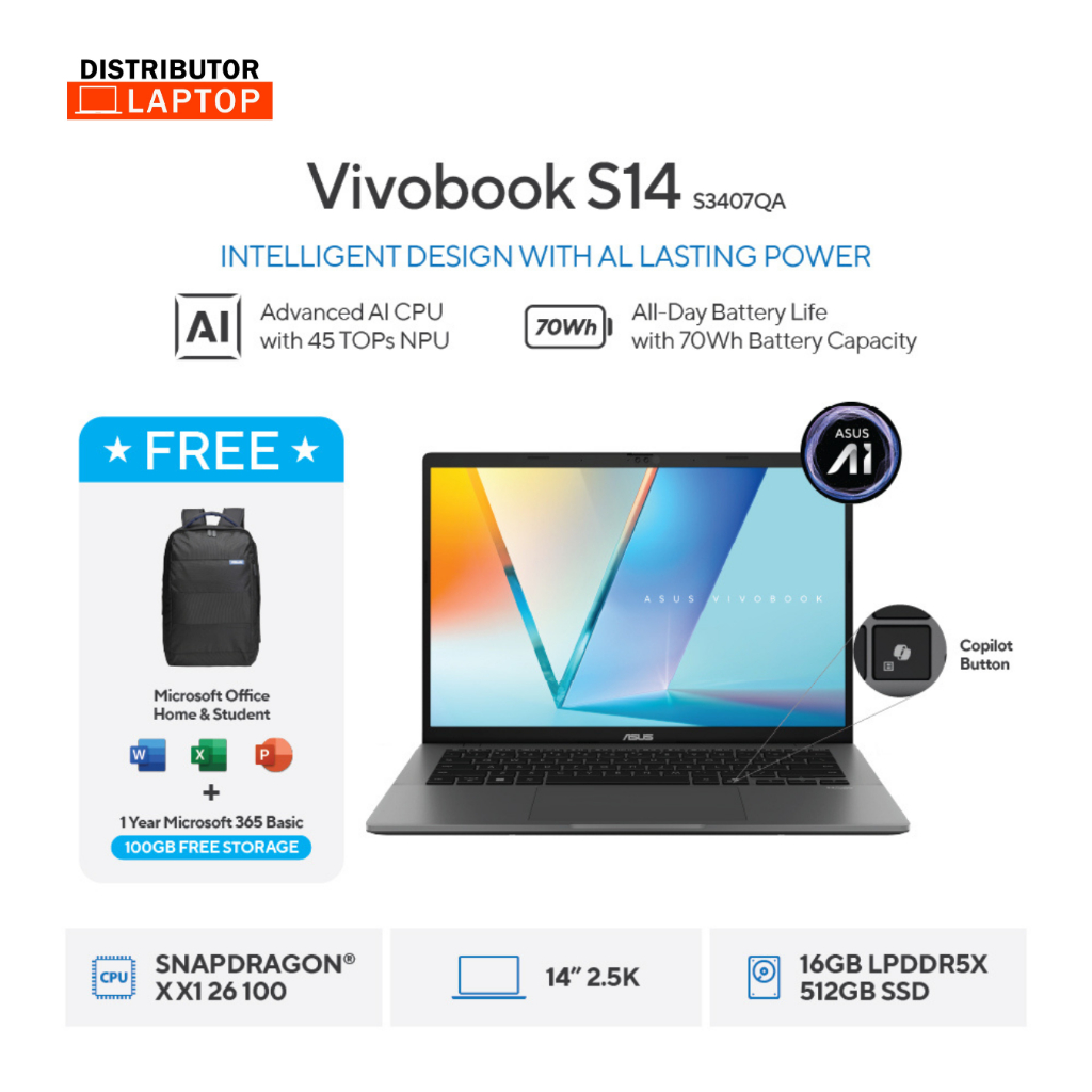 Jual ASUS Vivobook S14 S3407QA Snapdragon® X X1 26 100 16GB 512GB RTX ...