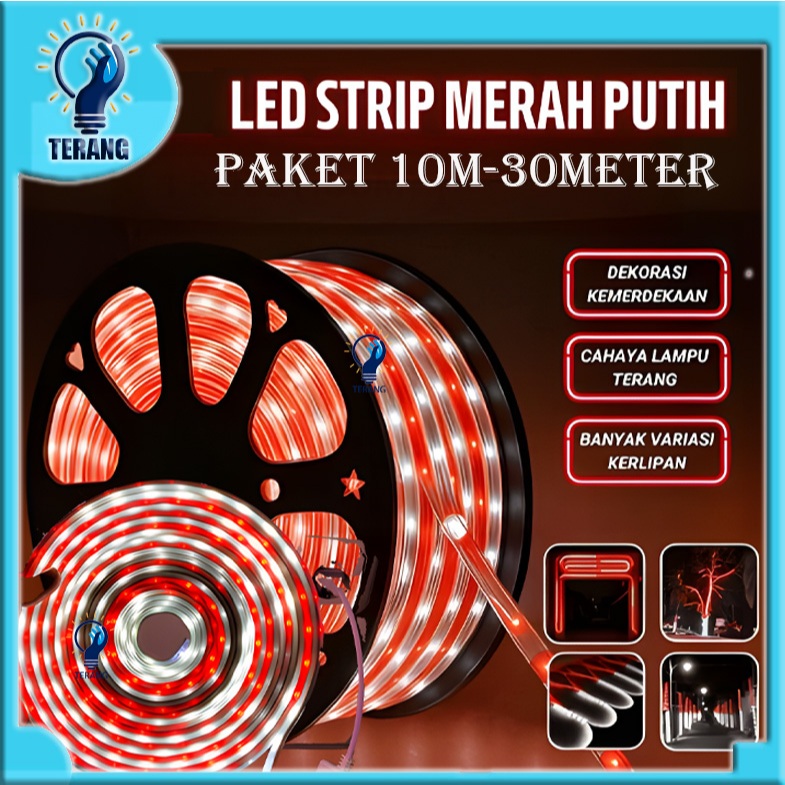 Jual PAKET LED STRIP SELANG MERAH PUTIH 3528 2835 220V + ADAPTOR 10M ...