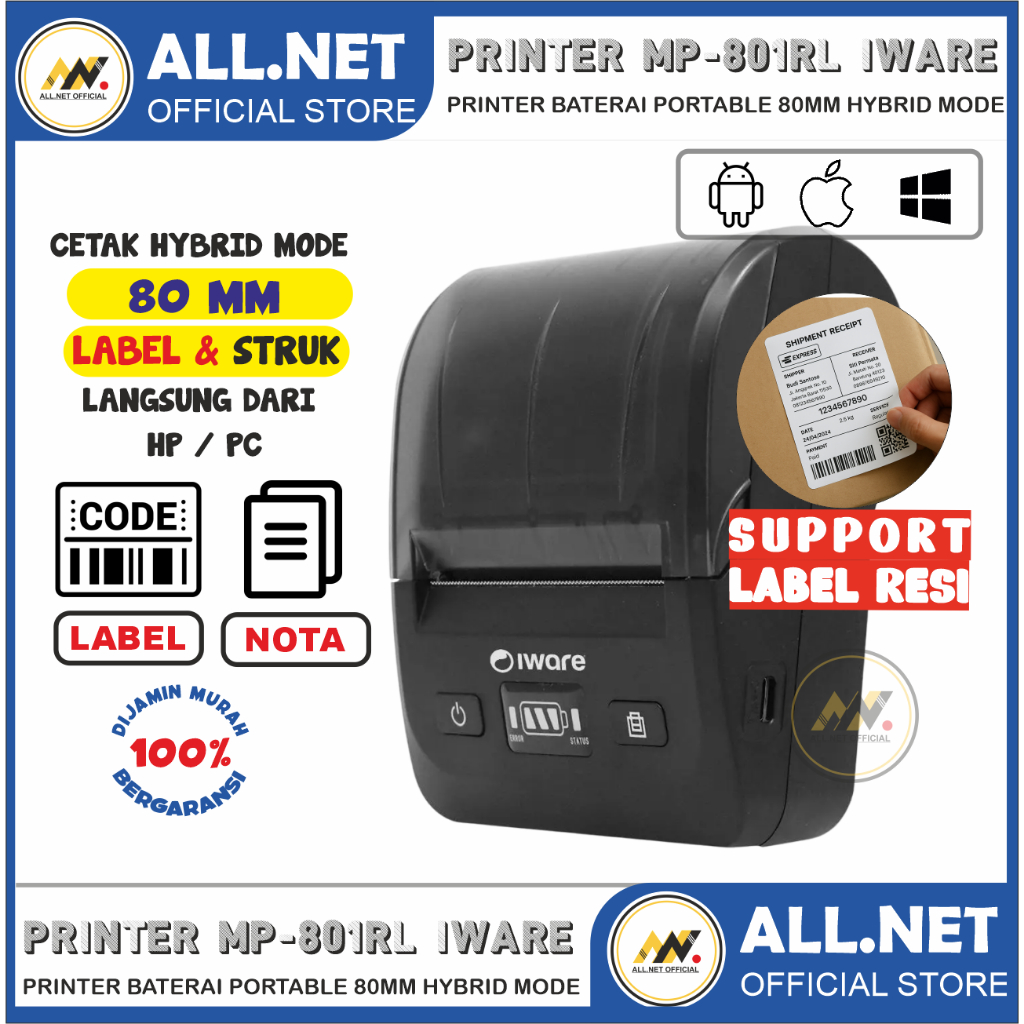 Jual Printer Barcode Bluetooth Label Resi & Struk Mobile 80MM Thermal Iware MP-801RL Cetak NOTA ...