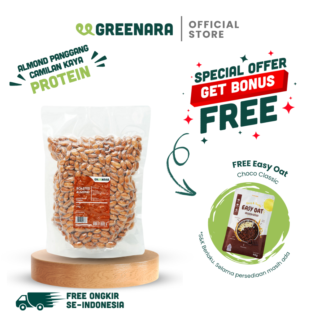 Jual Greenara Natural Roasted Almond 1Kg / Kacang Almond Panggang Tanpa ...
