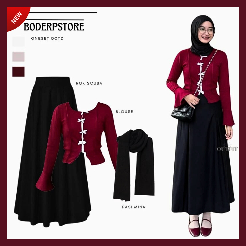 Jual Setelan Outfit Wanita | Atasan Blouse Pita Maroon | Rok Hitam ...