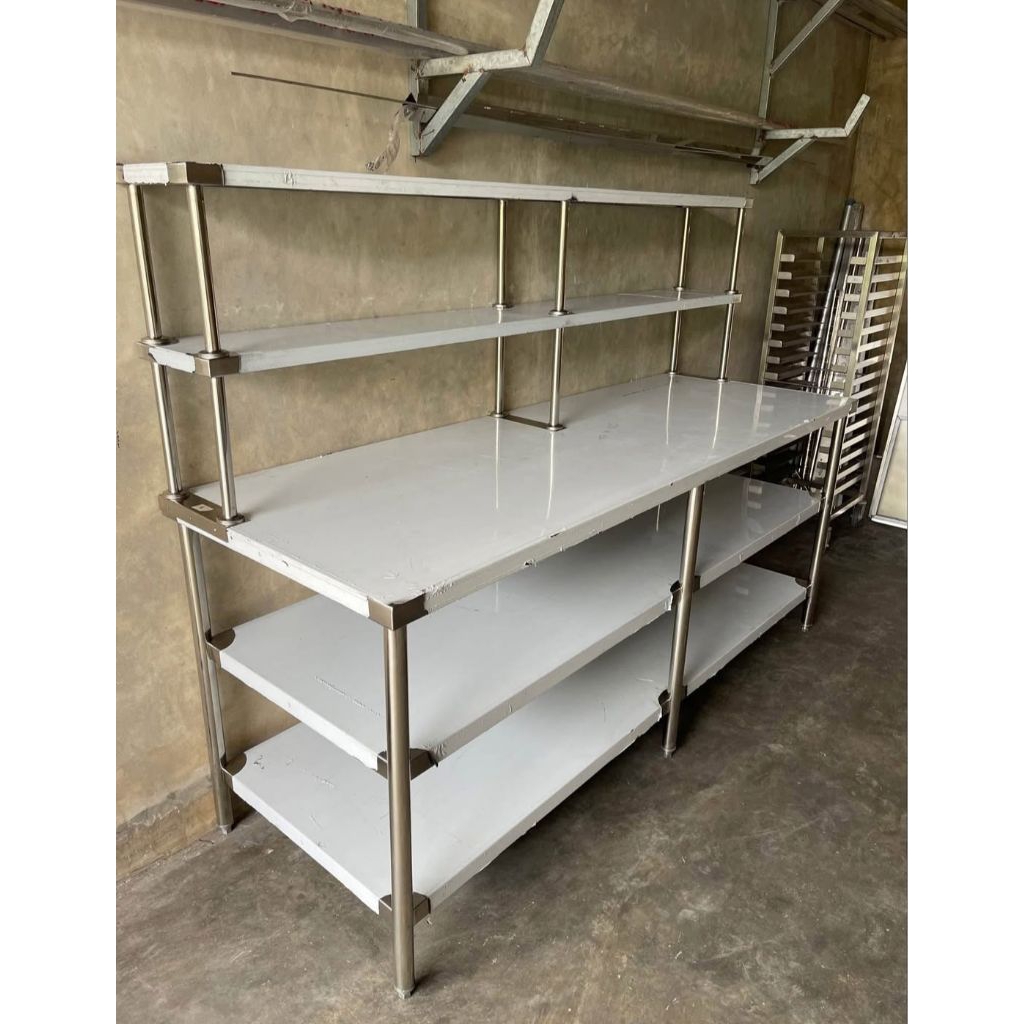 Jual MEJA STAINLESS WORK TABLE 3 SUSUN+DOUBLE OVER SHELF | Shopee Indonesia