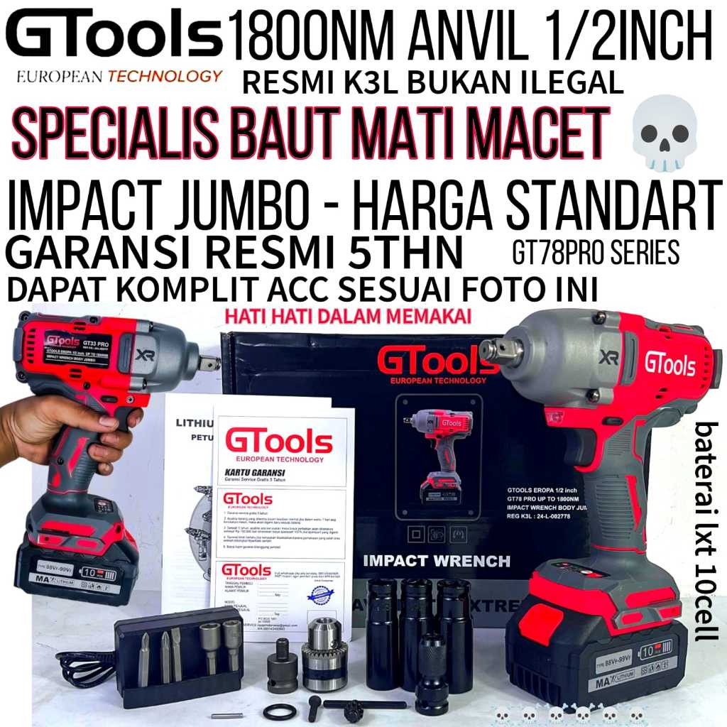 Jual Raja impact wrench jumbo gtools GT78pro 1800nm impek kuat mobil ...