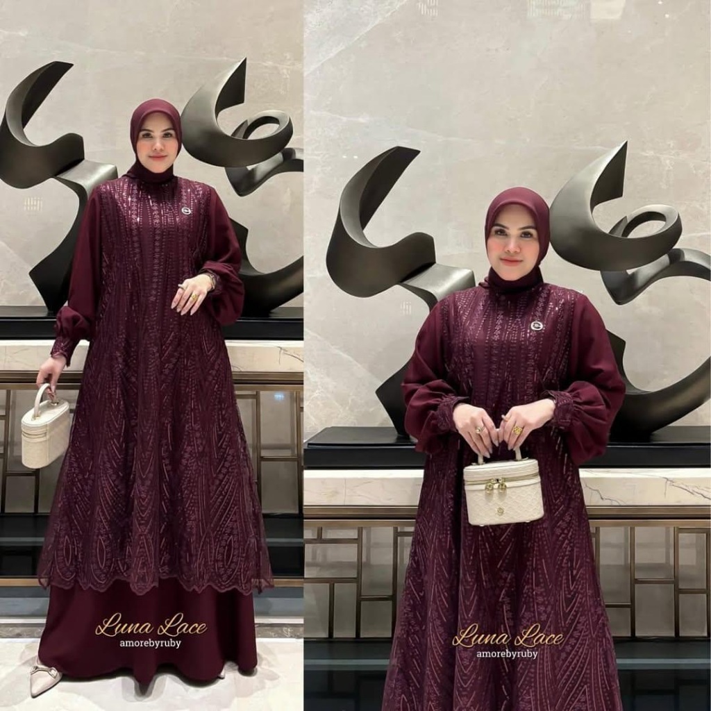 Jual Aksyshop Luna Lace Baju Gamis Raya Wanita Muslimah Bahan Ceruty ...