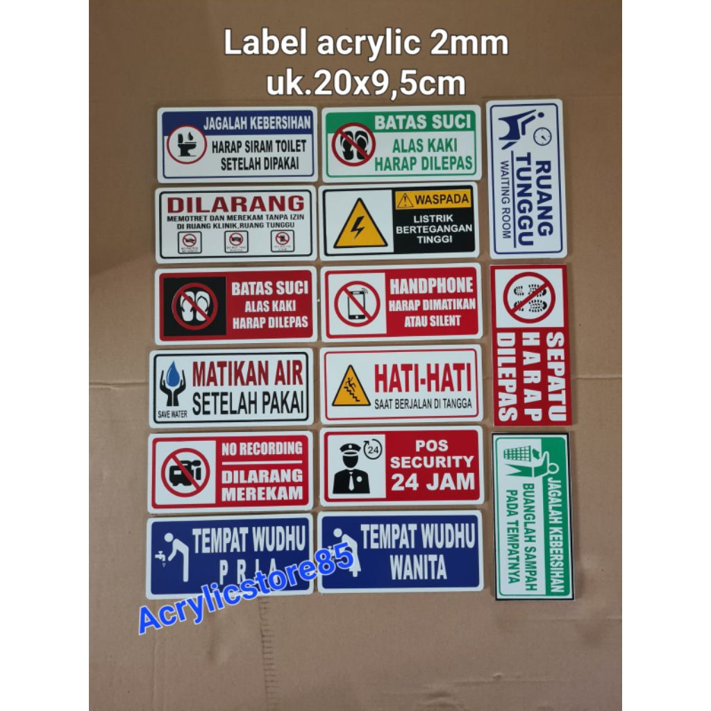 Jual Acrylic Label: Ruang Tunggu, Jagalah Kebersihan, Batas, Suci, Tmpt ...