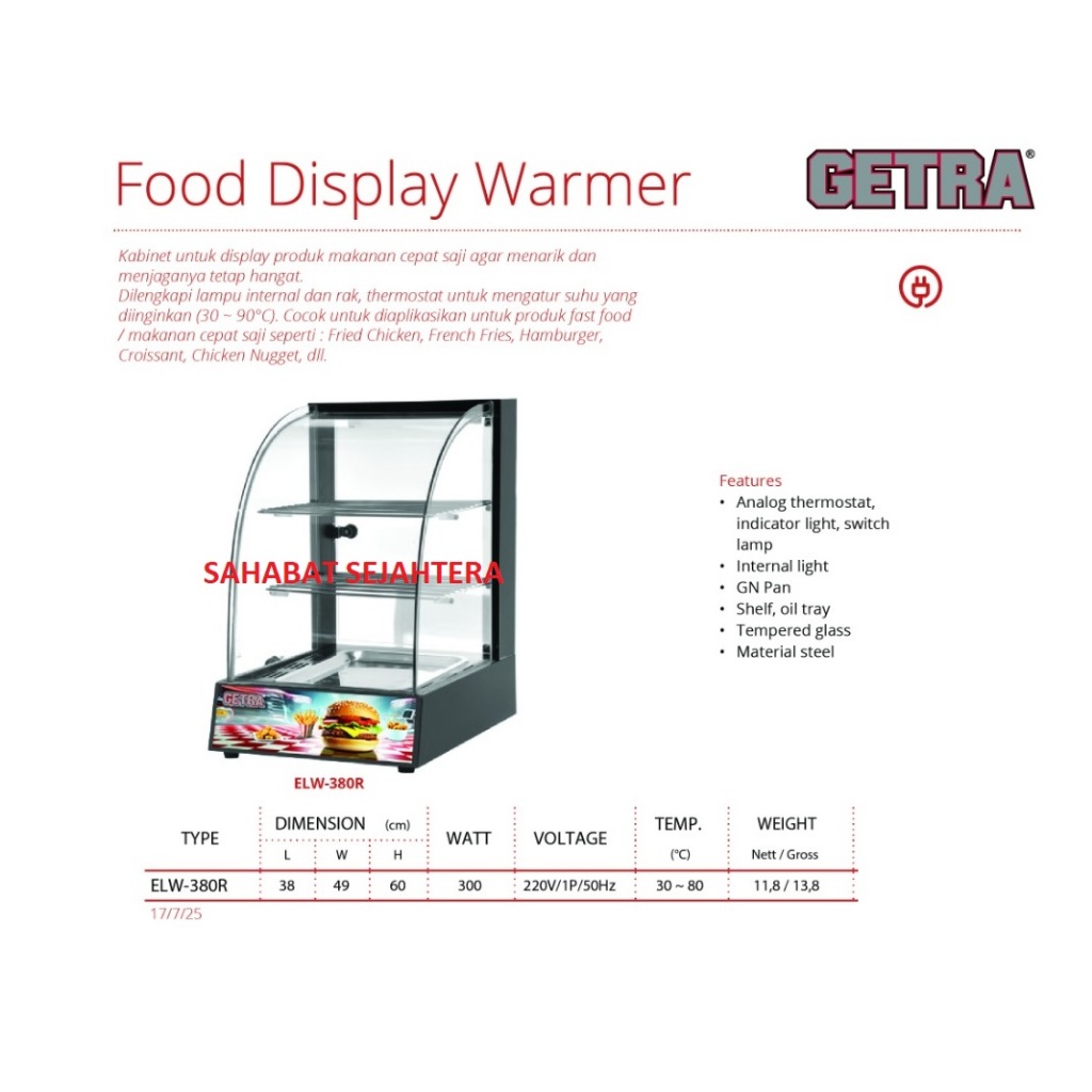 Jual GETRA Display Warmer Etalase Penghangat Makanan Kaca ELW-380R ...