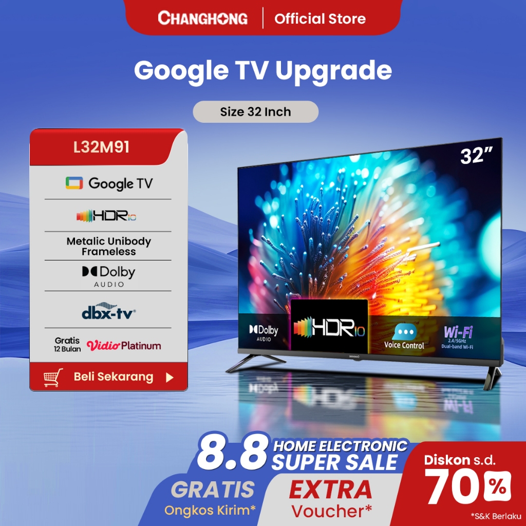 Jual Changhong Google TV 32 inch L32M91 HD Dolby Audio Netflix Youtube Bluetooth Smart TV ...