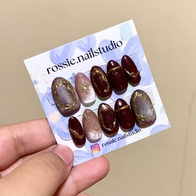 Jual [READY STOCK] press on nails cat eye maroon pink | Shopee Indonesia