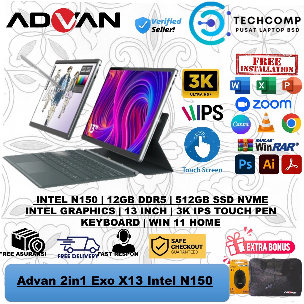 Jual Advan 2in1 Evo X13 Intel N150 Ram 12GB 512GB SSD 13 Inch 3K IPS Stulus Pen Keyboard ...