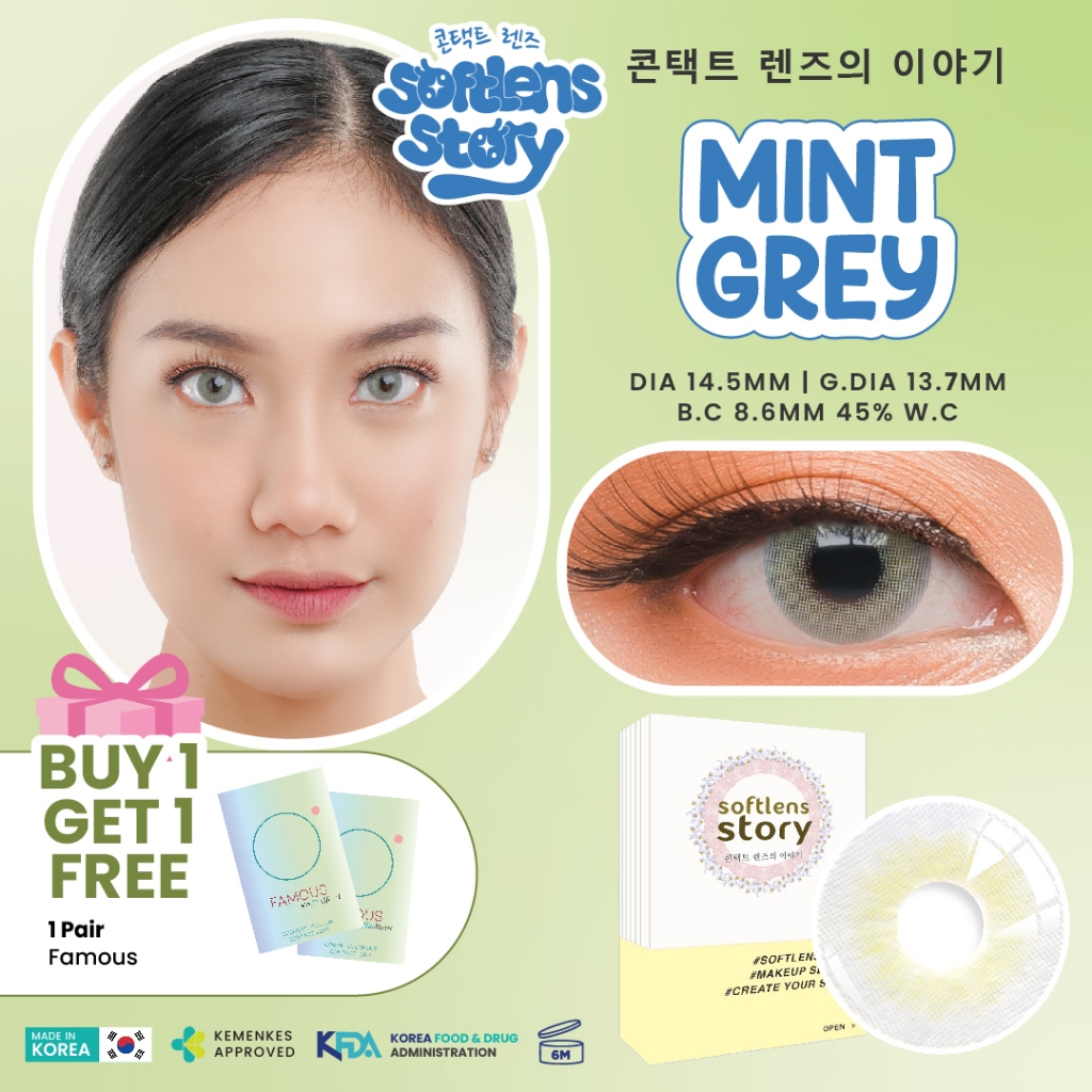 Jual FREE FAMOUS Softlens Story Mint Grey 1 Pasang | 14.5mm Soflens ...