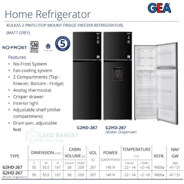 Jual Kulkas 2 Pintu No Frost GEA G2HD-267 / Kulkas 2 Pintu Dengan ...