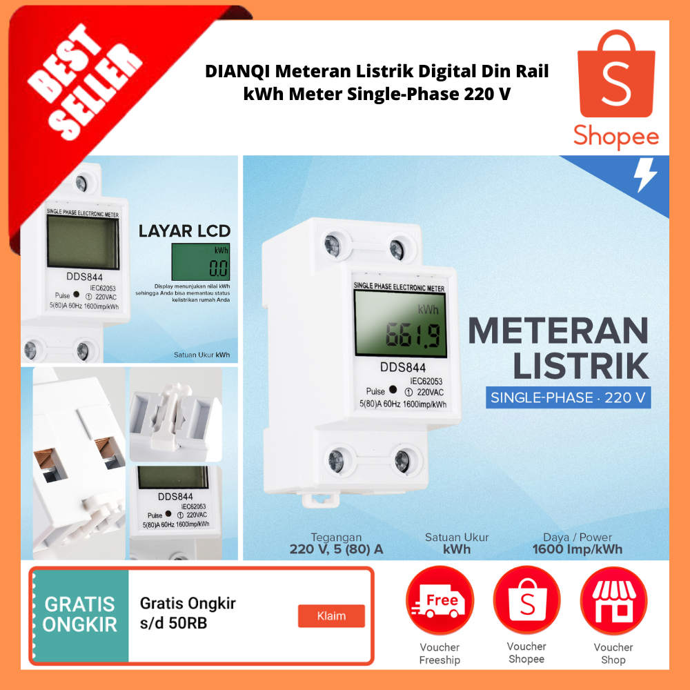 Jual Meteran Listrik Digital Din Rail kWh Meter Single-Phase 220 V / Monitor Tegangan Arus ...