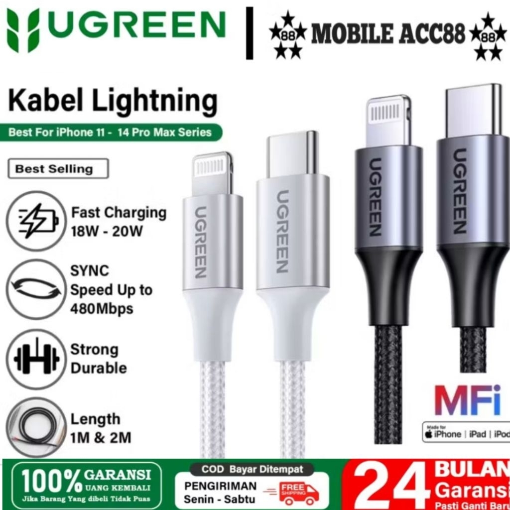Jual UGREEN Kabel Data iPhone MFi Type C To Lightning 1M / 2M FAST Charging Cable Nyon Braided ...