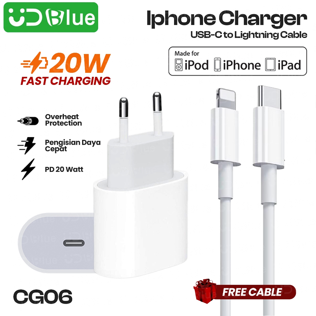 Jual (FREE CABLE) UDBLUE Iphone Charger 20W PD type C to Lightning Fast ...