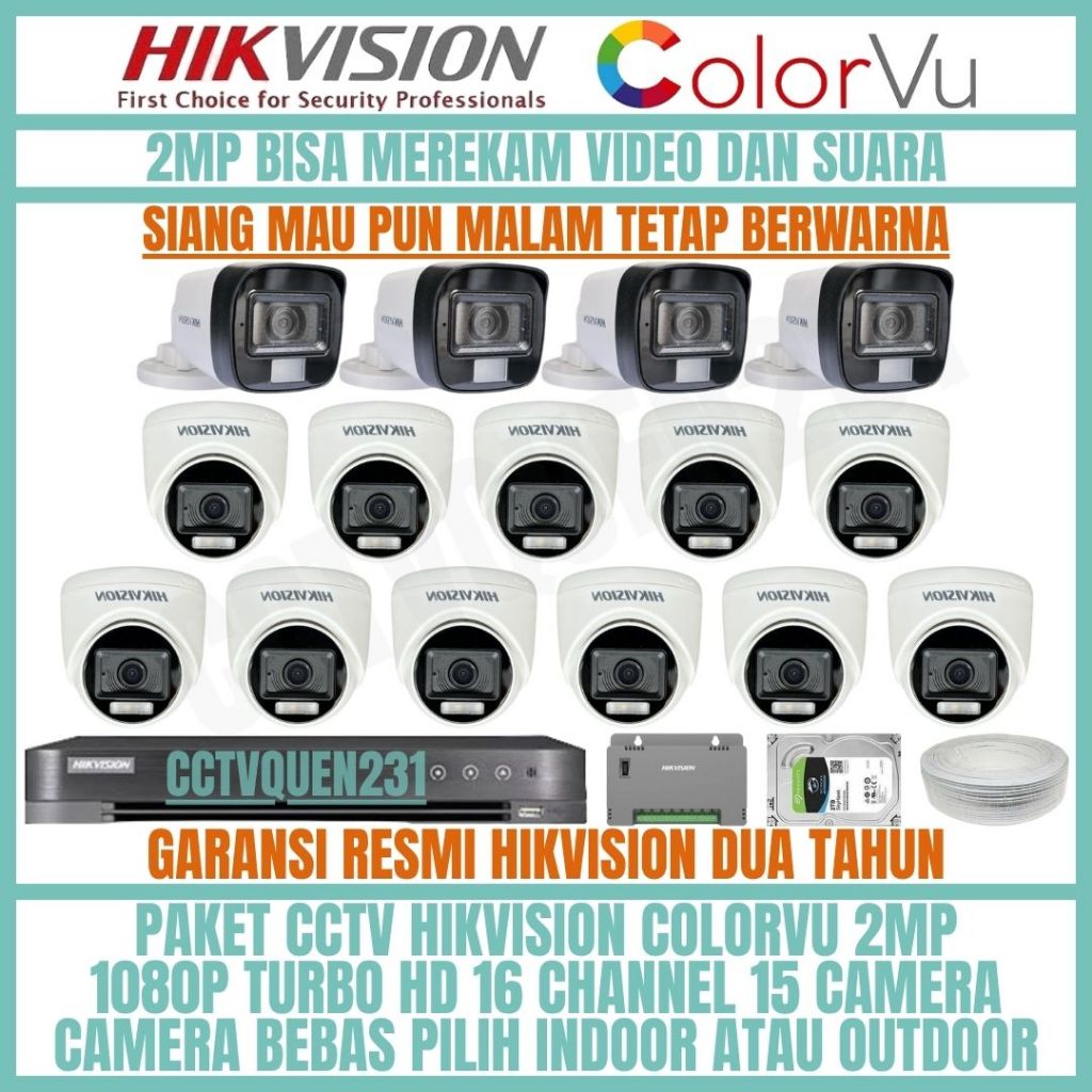 Jual PAKET CCTV HIKVISION COLORVU 2MP 16 CHANNEL 15 CAMERA AUDIO SERIES ...