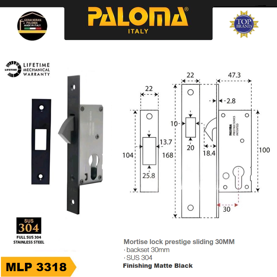 Jual PALOMA MLP 3318 Mortise Lock 30MM Body Kunci Pintu Geser Sliding ...