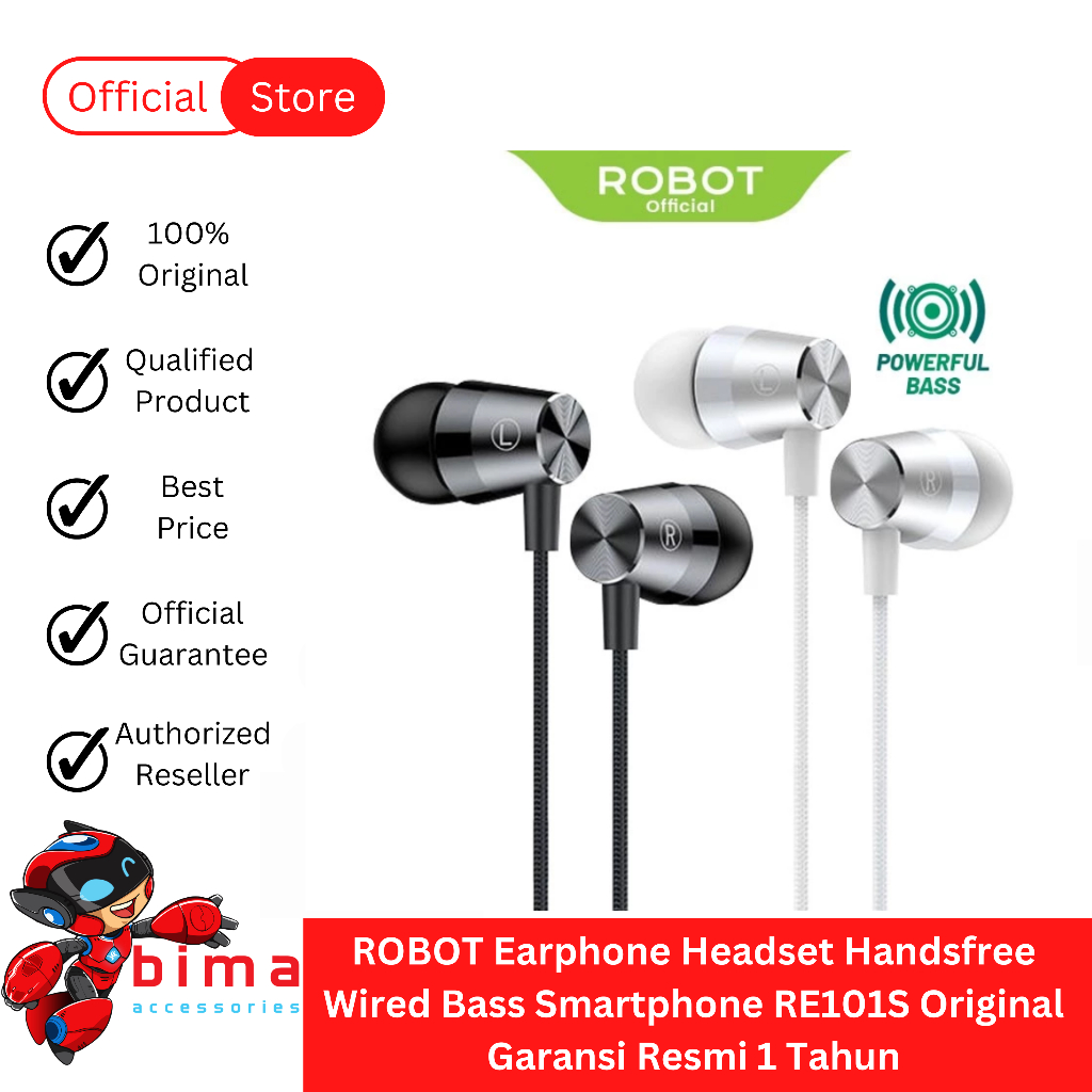 Jual ROBOT Earphone Headset Handsfree Wired Bass Smartphone RE101S ...