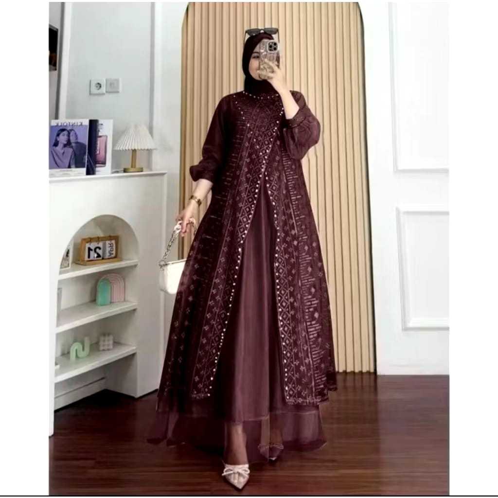 Jual Gamis Pesta Mewah Elegan Keyla Dress Gamis Burgundy Terbaru 2025 Bahan Tille Mix Brokat ...