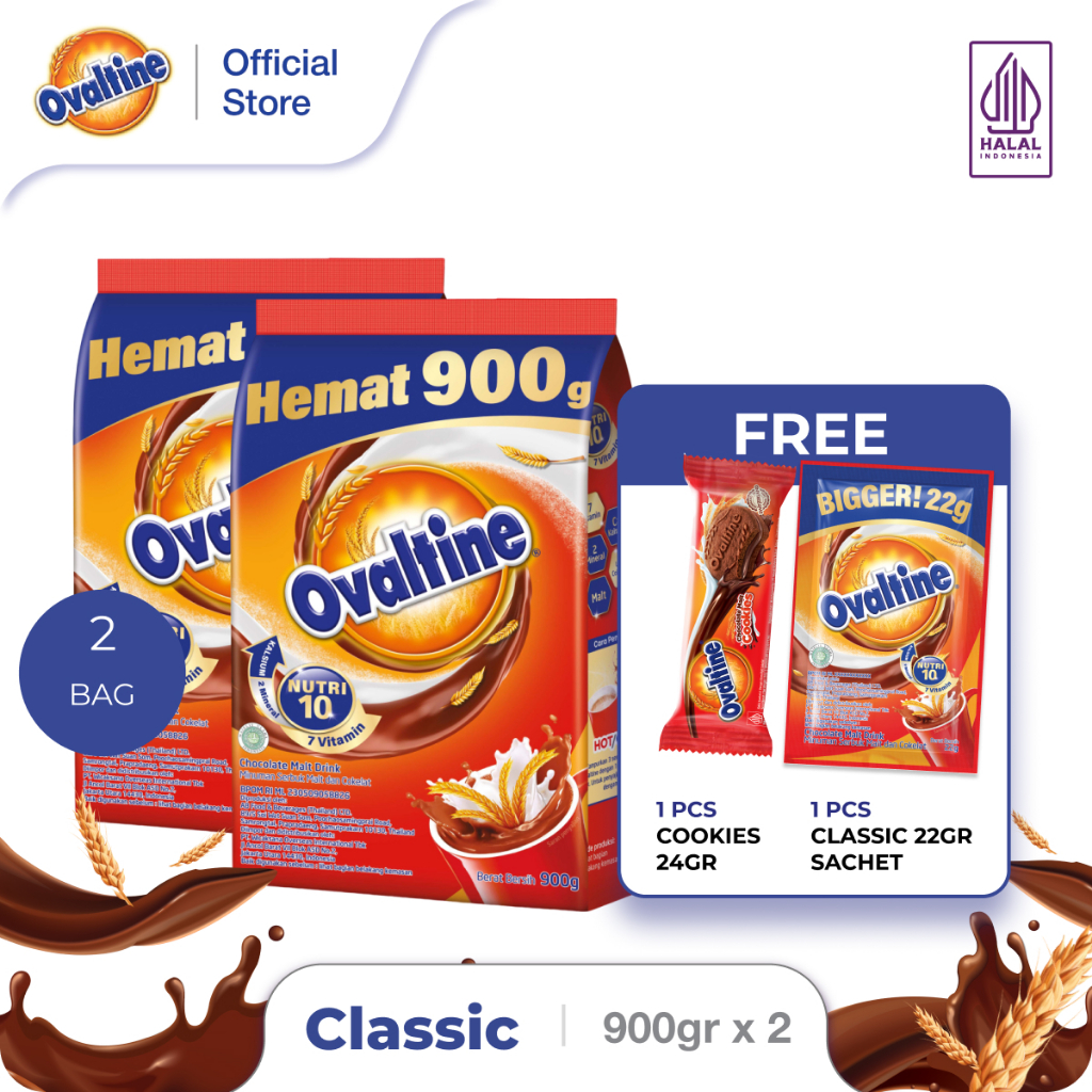 Jual OVALTINE Classic Susu Bubuk Coklat 900g x 2 Bag (FREE 24g Cookies & Classic 22g Sachet ...