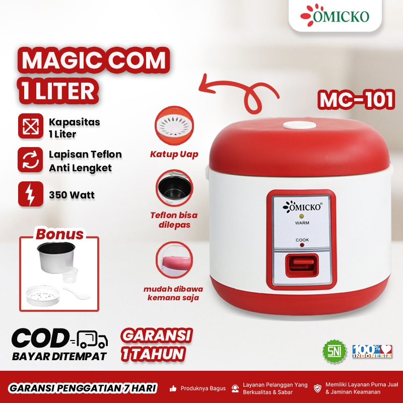 Jual Rice Cooker Omicko Merah 1.2L– Kukusan + Bonus takaran beras – Hemat Listrik 350W – Magic ...